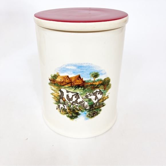Kitchen | Farmhouse Ceramic Canister Cream With Red Lid Barn Cows River ...
